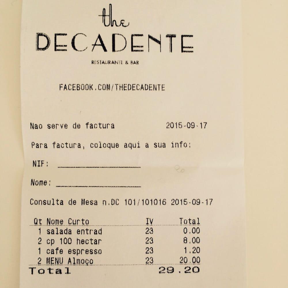 Menu at The Decadente restaurant, Lisbon