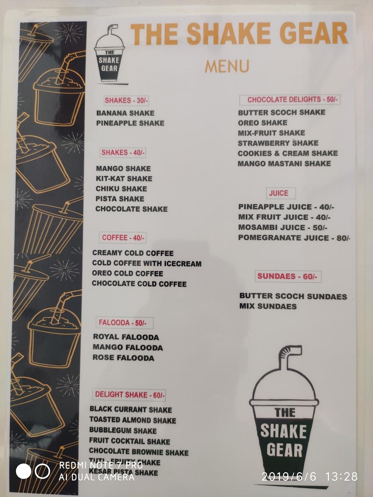 Menu at The Shake Gear, Raipur Rani