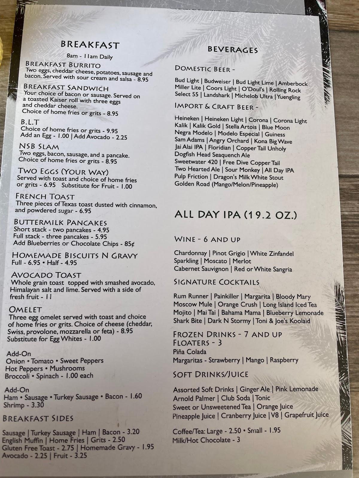 Menu at Toni & Joe's Patio pub & bar, New Smyrna Beach