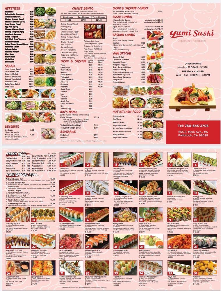 Menu at Yumi Sushi restaurant, Fallbrook