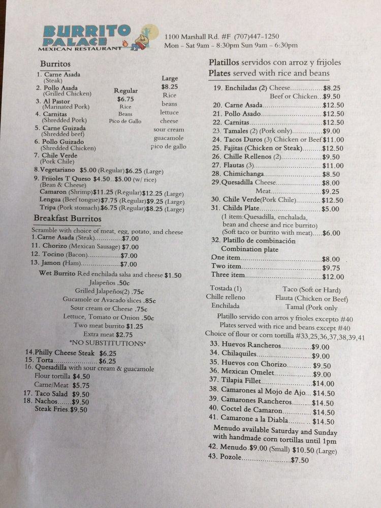 Menu at Burrito Palace fast food, Vacaville