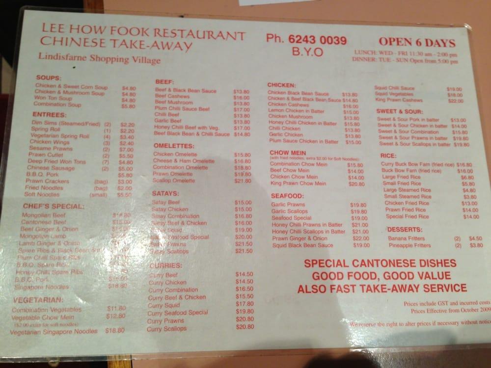 Menu at Lee How Fook Restaurant, Lindisfarne