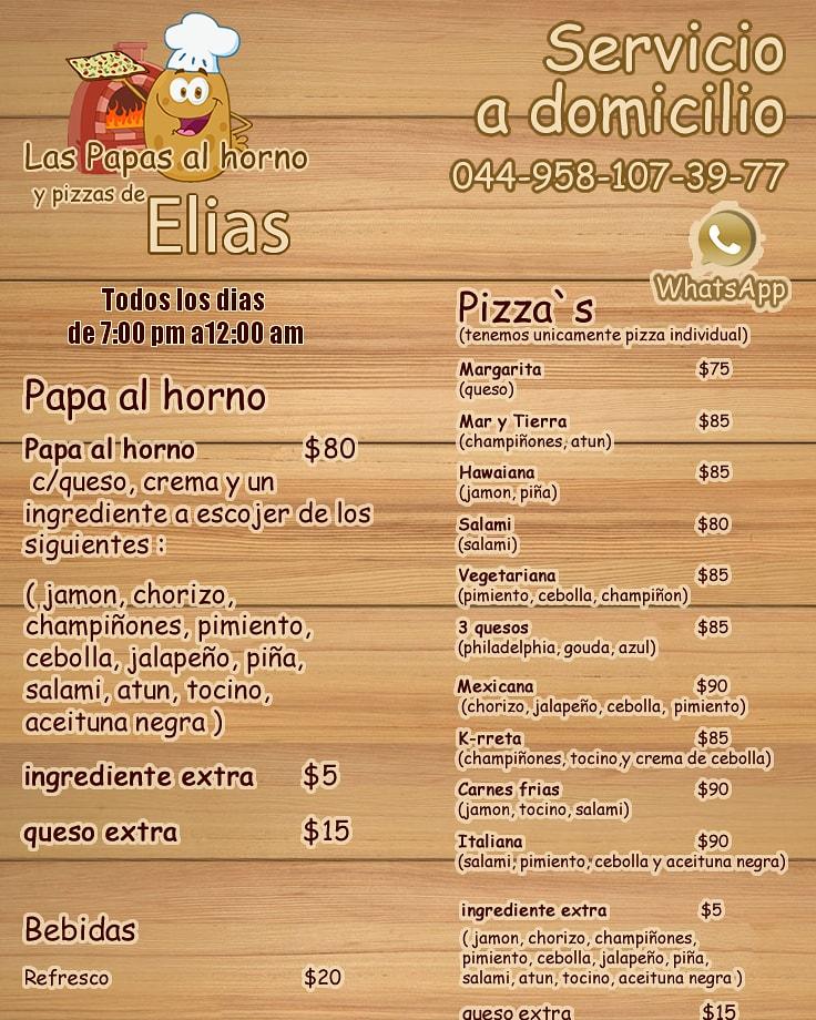 Menu at Papas Al Horno Y Pizzas De Elias restaurant, La Crucecita