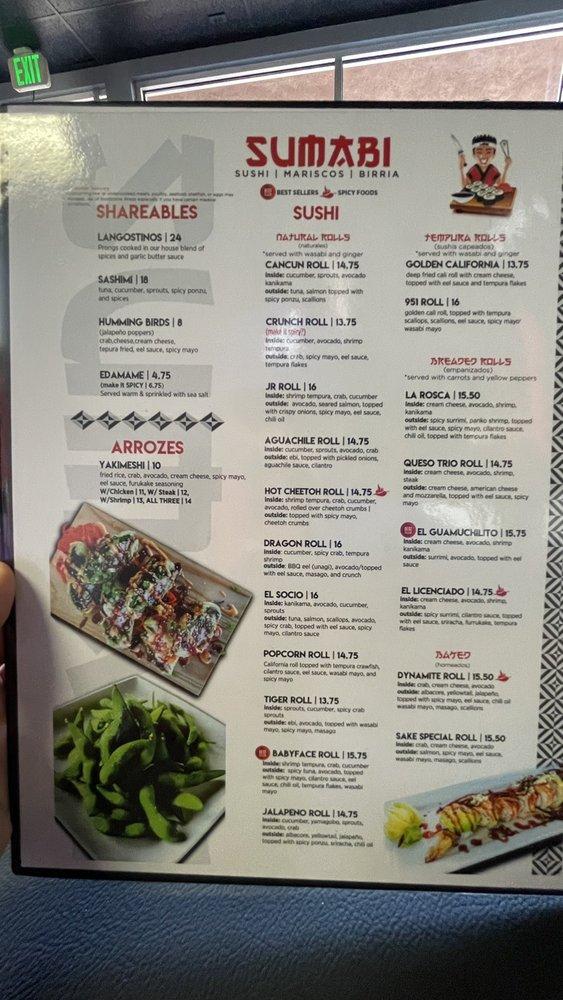 Menu at Sumabi restaurant, Norco