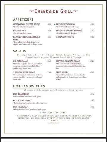 Menu at Creekside Grill restaurant, USA, Indian Head Rd