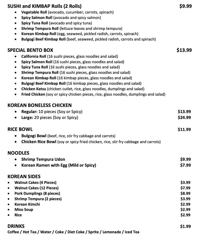 Menu at Cub and Bunny Cafe & Karaoke, Cherry Hill
