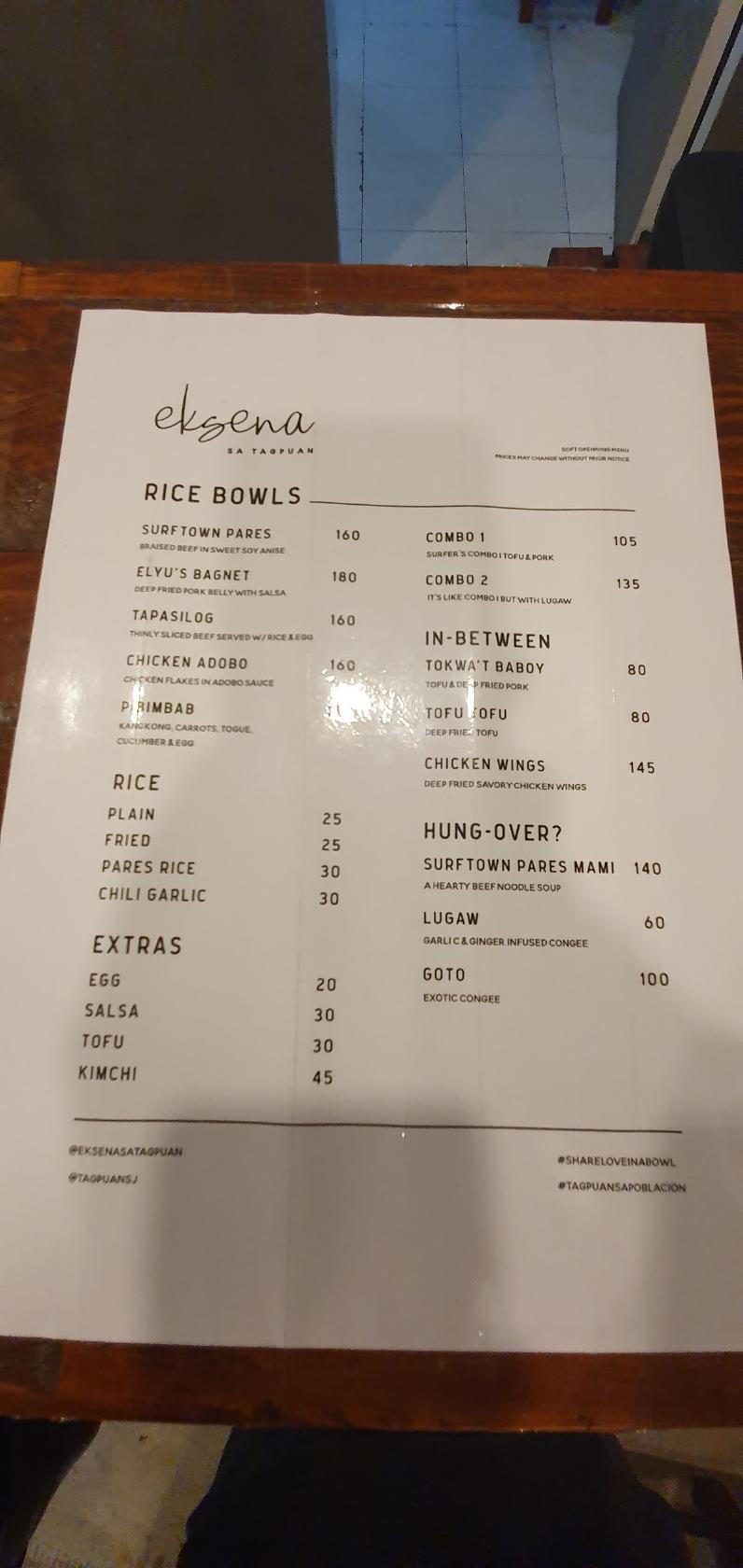 Menu at Eksena by Tagpuan restaurant, Makati