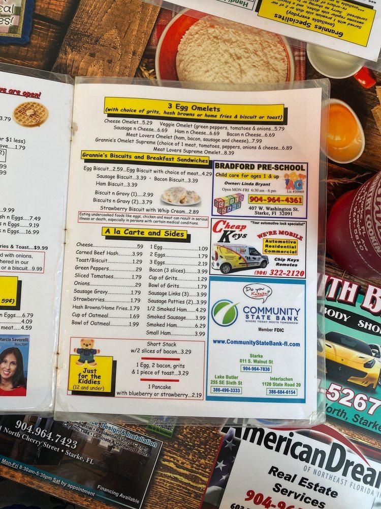Menu at Grannie's Country Cookin' restaurant, Starke