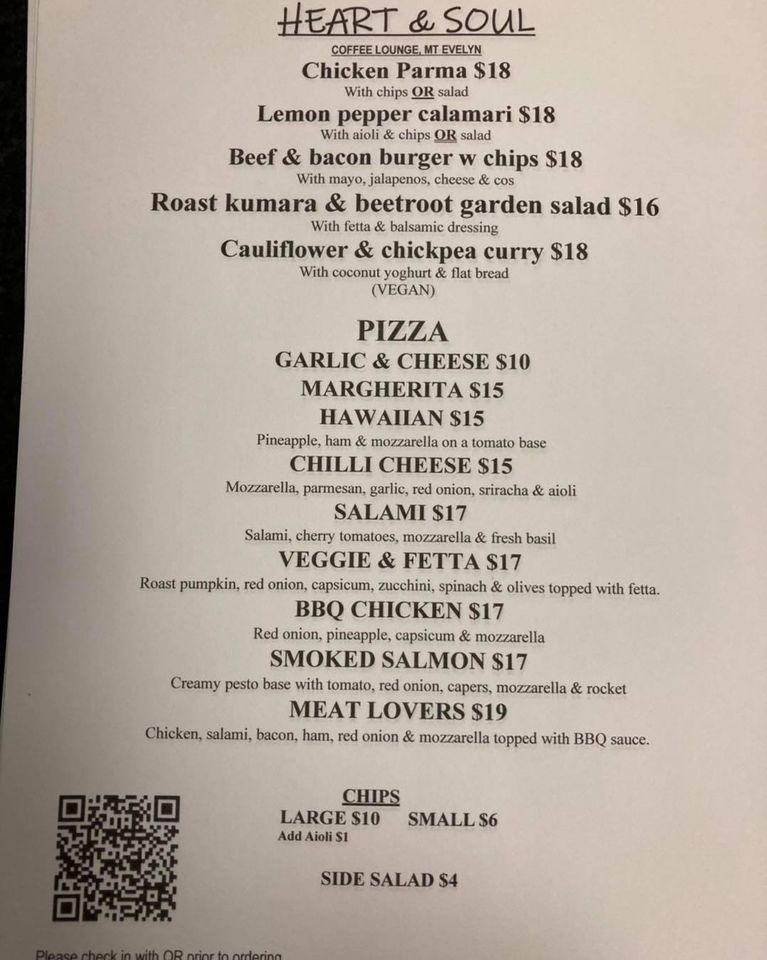 Menu at Heart & Soul Coffee Lounge restaurant, Mount Evelyn