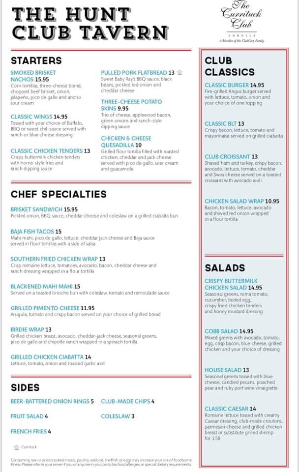Carta de Hunt Club Tavern, Corolla