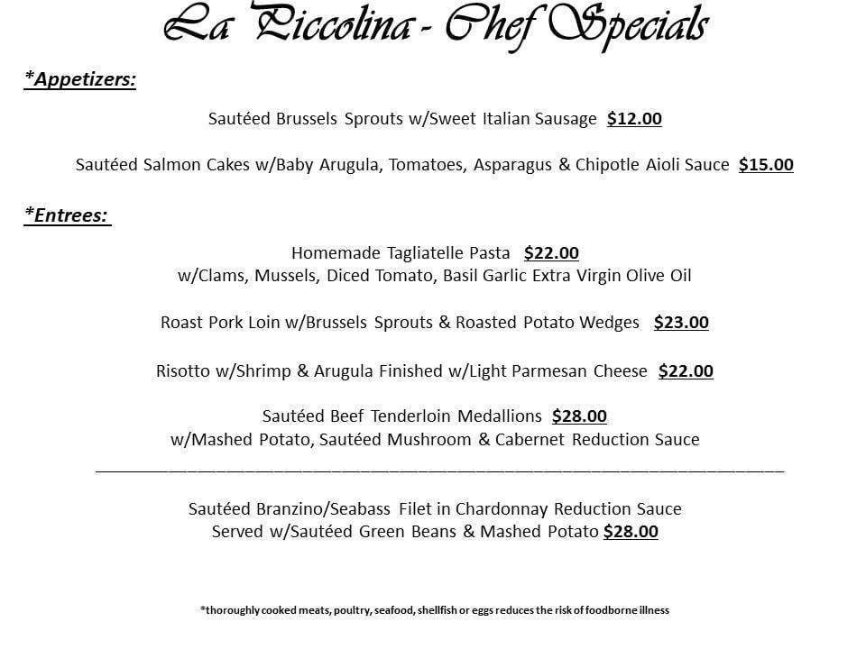 Menu at La Piccolina restaurant, New Milford, 27 Main St