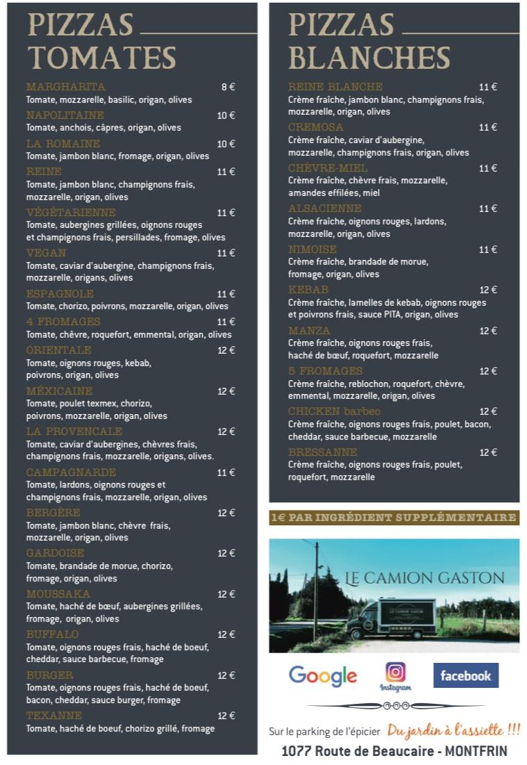 Menu at Le Camion Gaston pizzeria, Montfrin