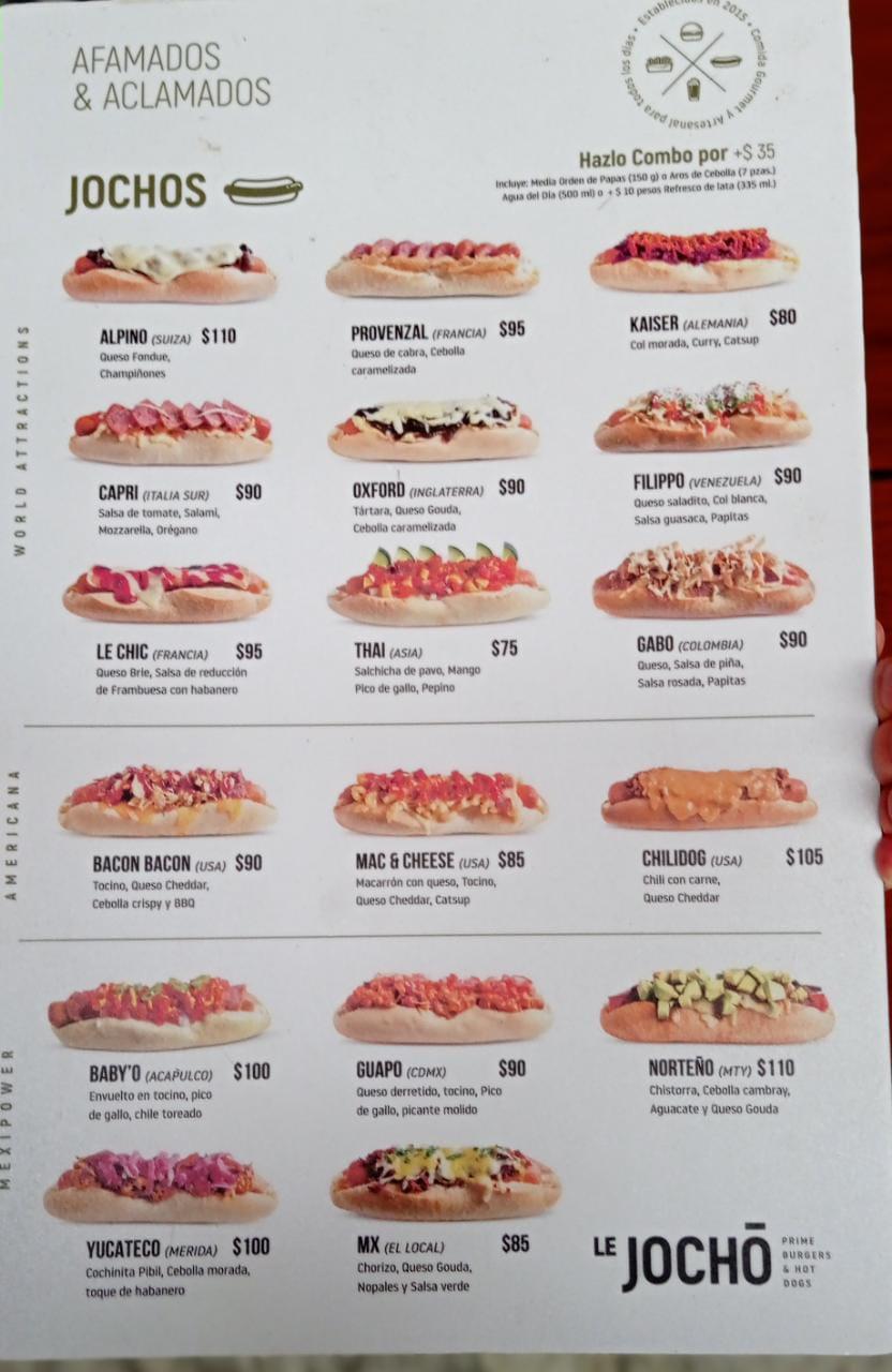 Menu at Le Jocho Satelite Gourmet Hot Dogs restaurant, Naucalpan