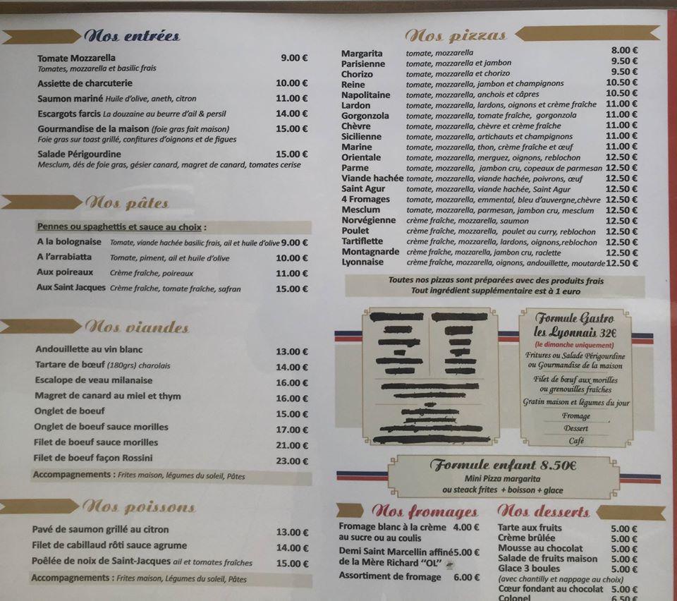 Carta del restaurante Les Lyonnais, Vernaison