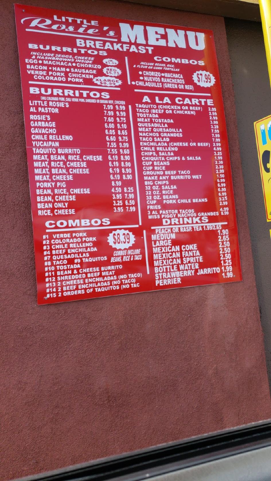 Menu at Little Rosie's restaurant, Yucaipa
