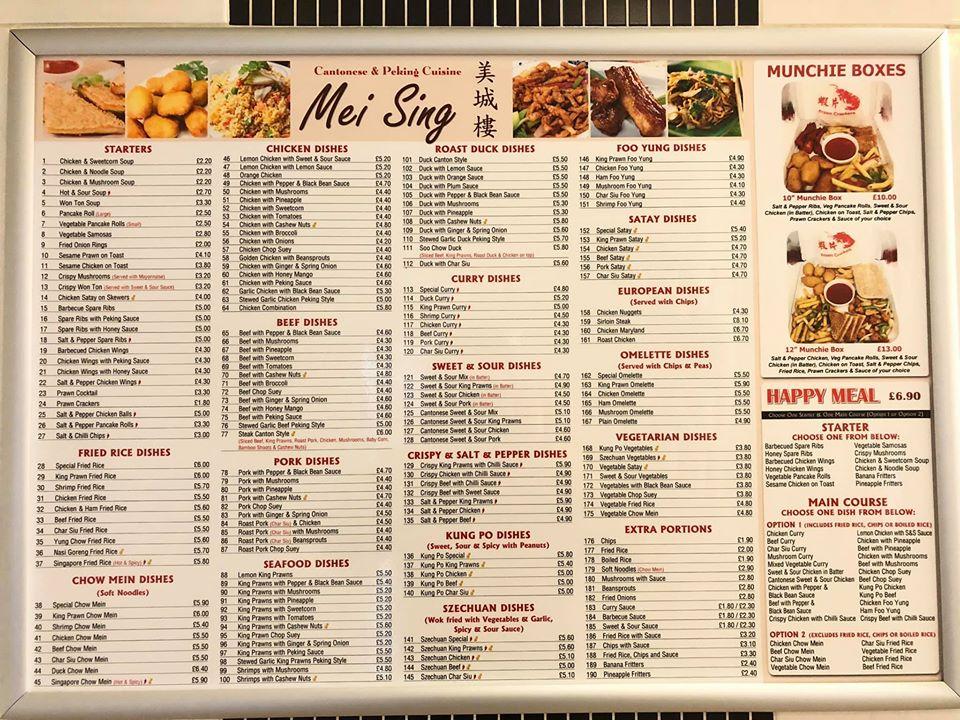 Menu at Mei Sing fast food, Bathgate