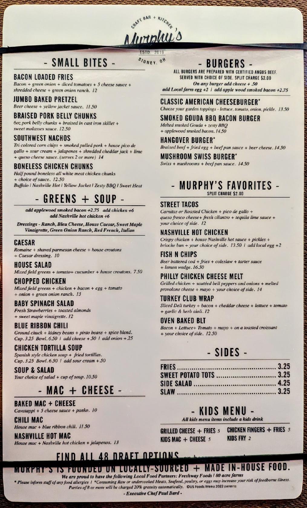 Menu at Murphy’s Craftbar + Kitchen, Sidney