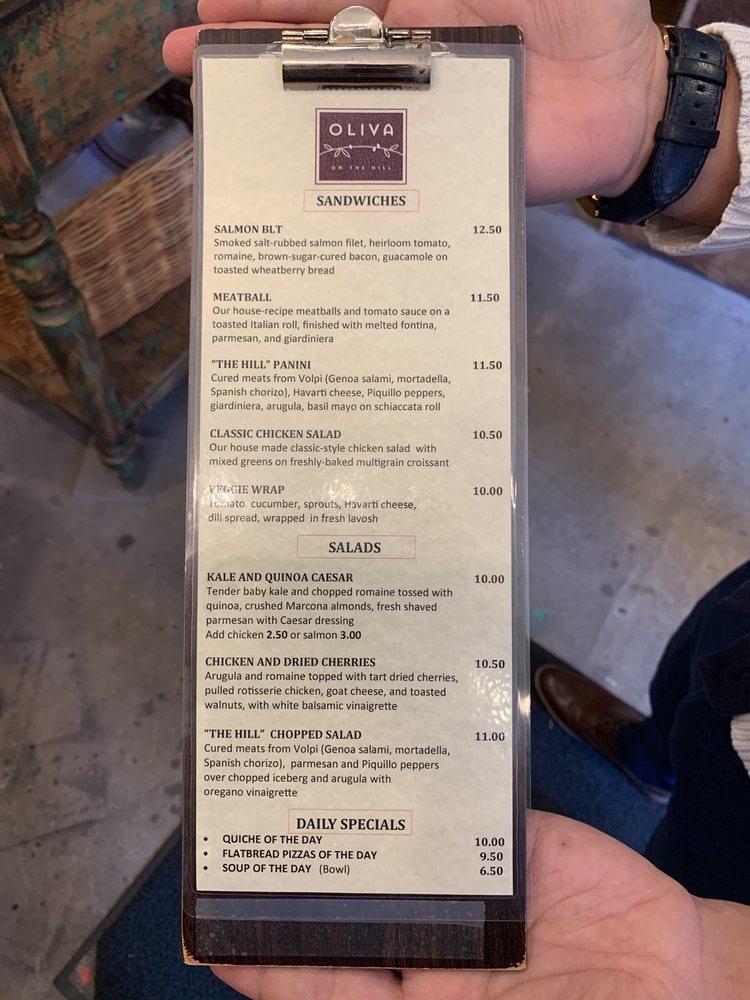 Menu at Oliva on the Hill restaurant, St. Louis