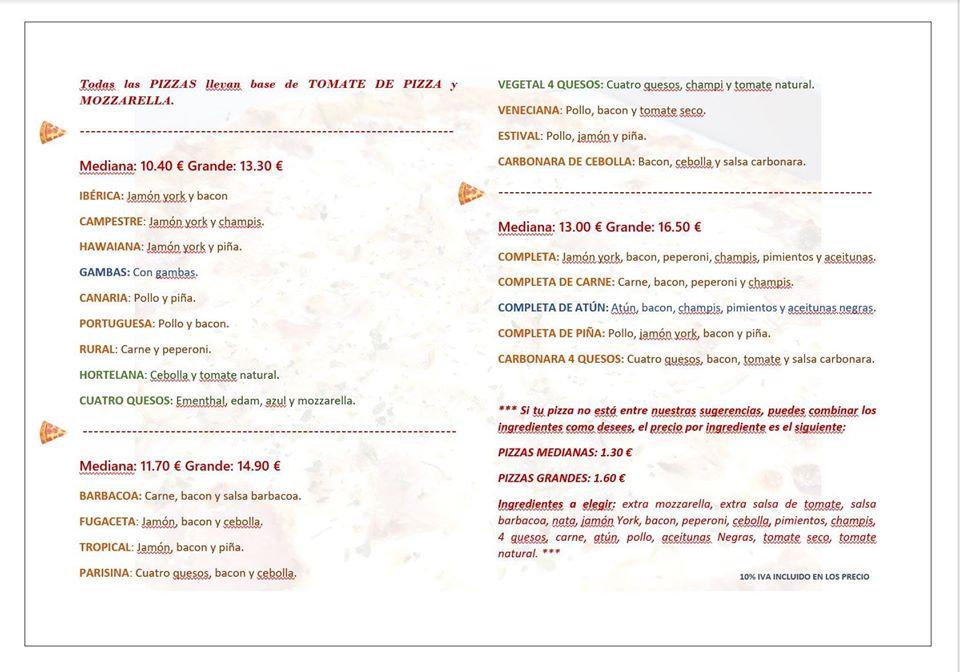 Carta de pizzería Pizzaiola, Numancia de la Sagra