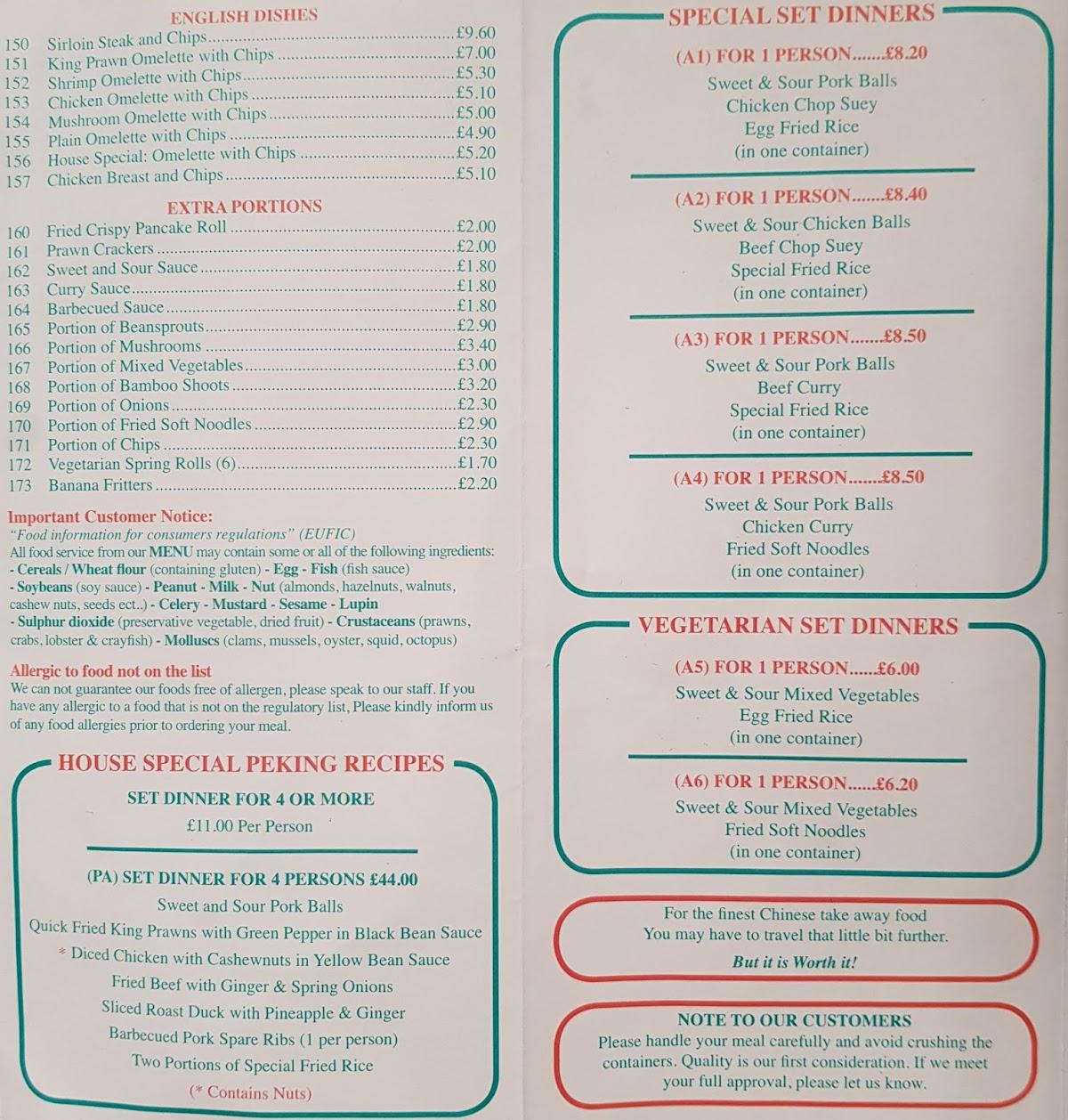 Menu at Shanghai House fast food, Emerson Valley