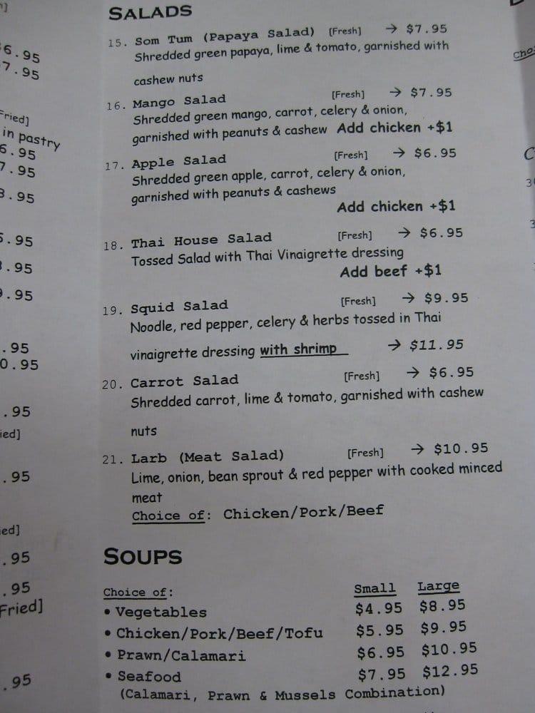 Menu at Thida's Thai Restaurant, Winnipeg