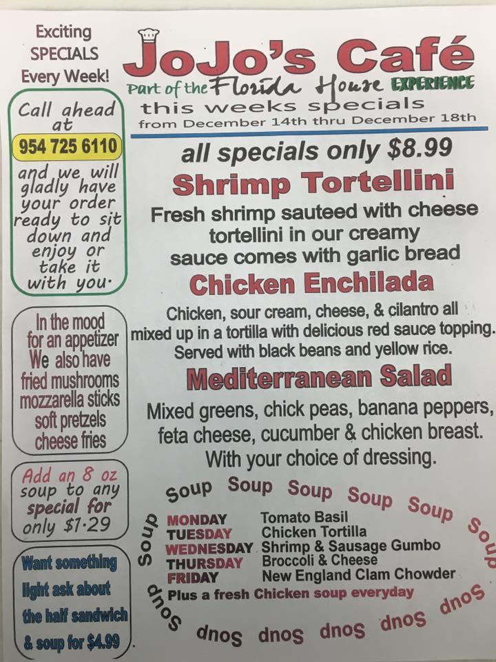 Menu at JoJo's Cafe, Deerfield Beach