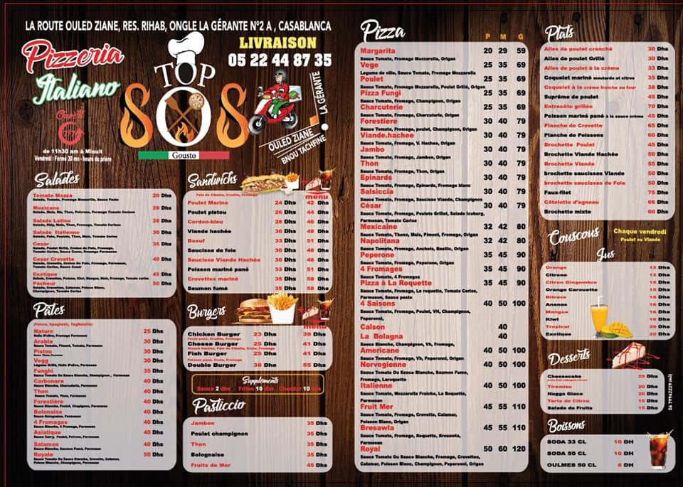 Menu at TOP SOS pizzeria, Casablanca, La gironde