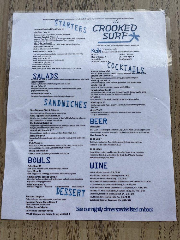 Menu at The Crooked Surf pub & bar, Kapaa