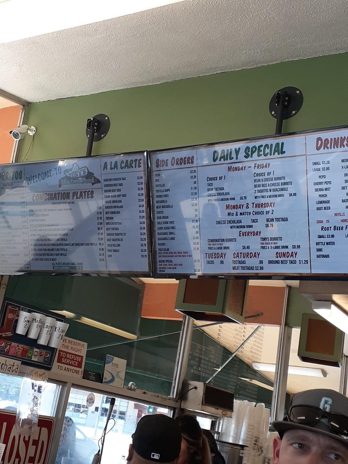 Menu at Tony's Mexican Food restaurant, San Bernardino