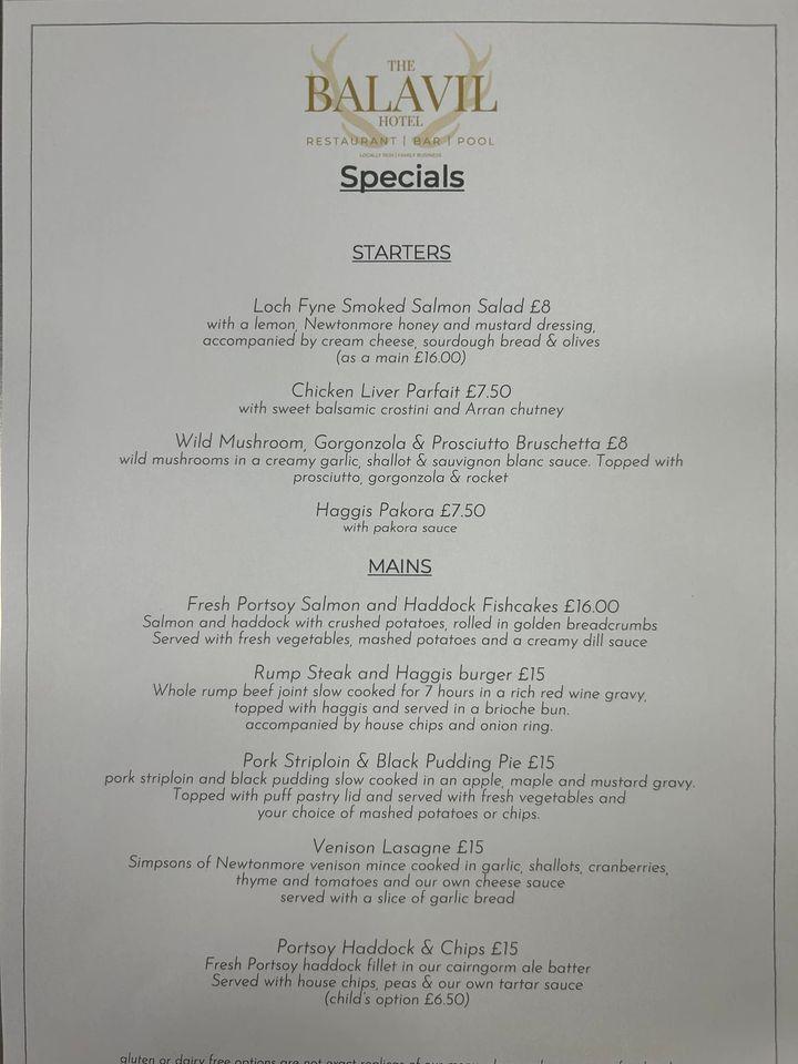 Menu at Balavil Hotel pub & bar, Newtonmore