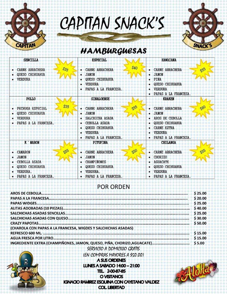 Menu at Capitan Snack's restaurant, Mazatlán