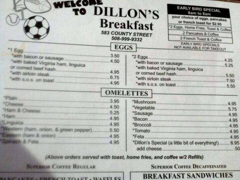 Menu at Dillon's Restaurant, New Bedford