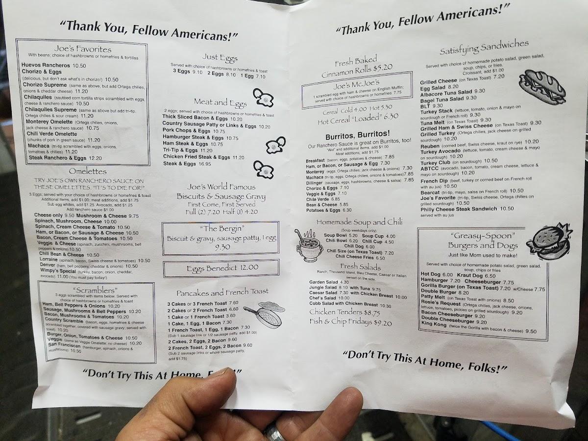 Menu at Joe's One-Niner Diner restaurant, Paso Robles