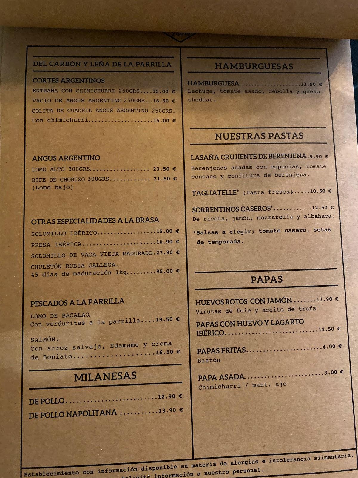 Carta del restaurante La Chancha y los 20, Cádiz