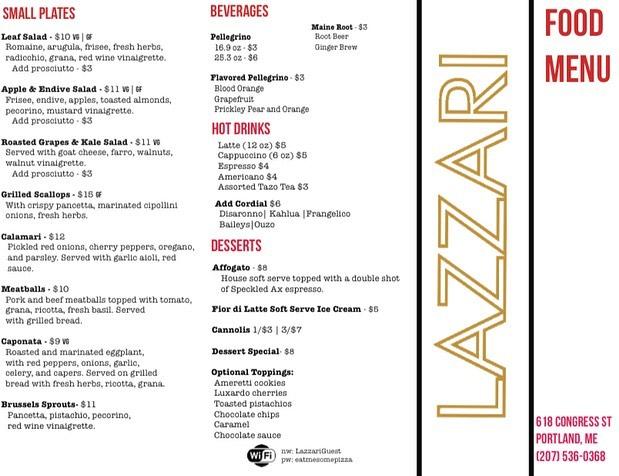 Menu at Lazzari pub & bar, Portland