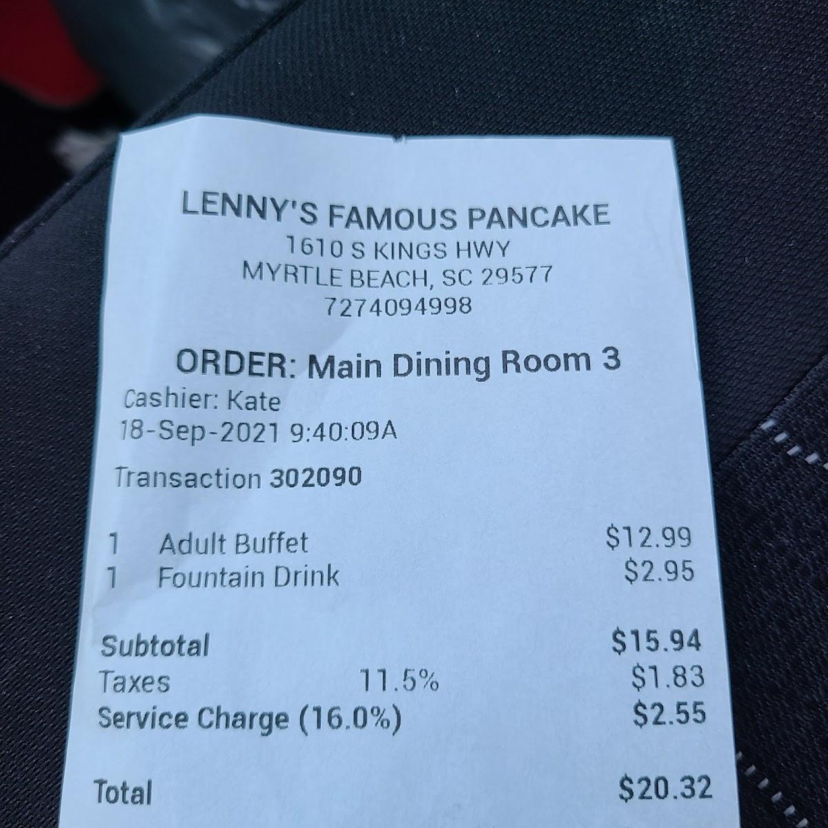 Menu at Lenny's Pancake House restaurant, Myrtle Beach