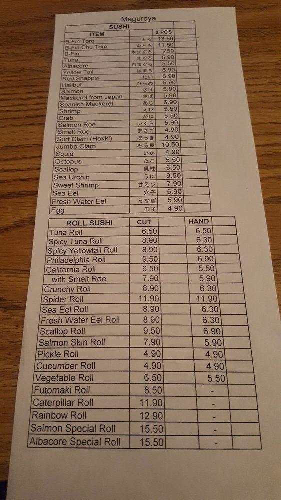 Menu at Maguroya restaurant, Yorba Linda
