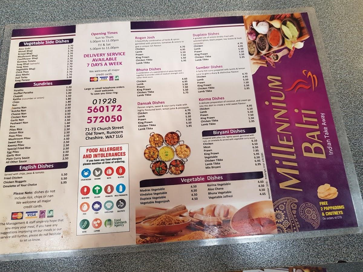 Menu at Millennium Balti Runcorn fast food, Runcorn