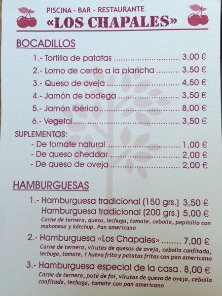 Menu at Piscina Restaurante Los Chapales, Mombeltrán