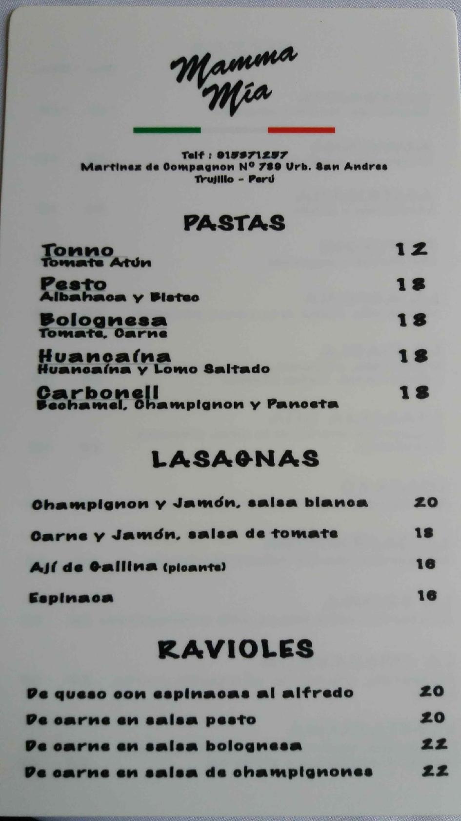 Menu at Pizzeria Mamma Mia, Víctor Larco Herrera District