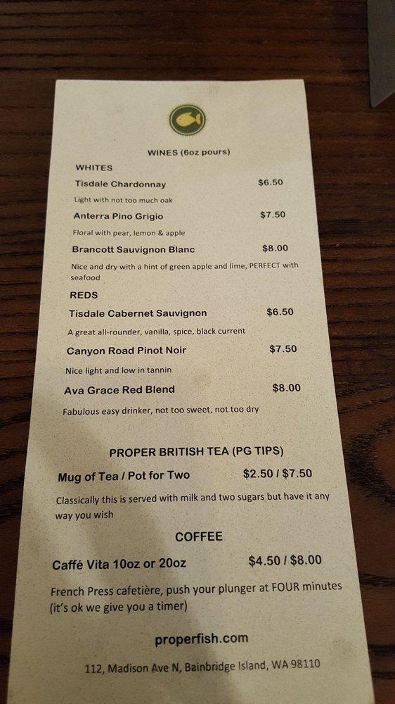 Menu at Proper Fish fast food, Bainbridge Island