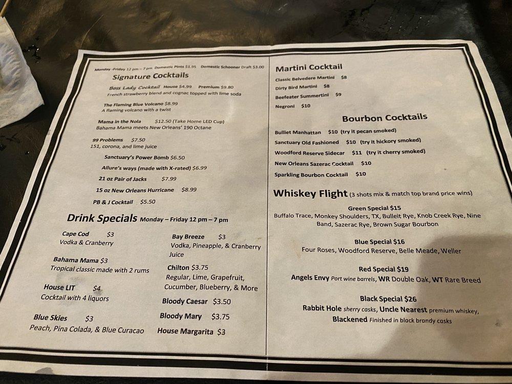 Menu at Sanctuary Café & Bar, Lubbock