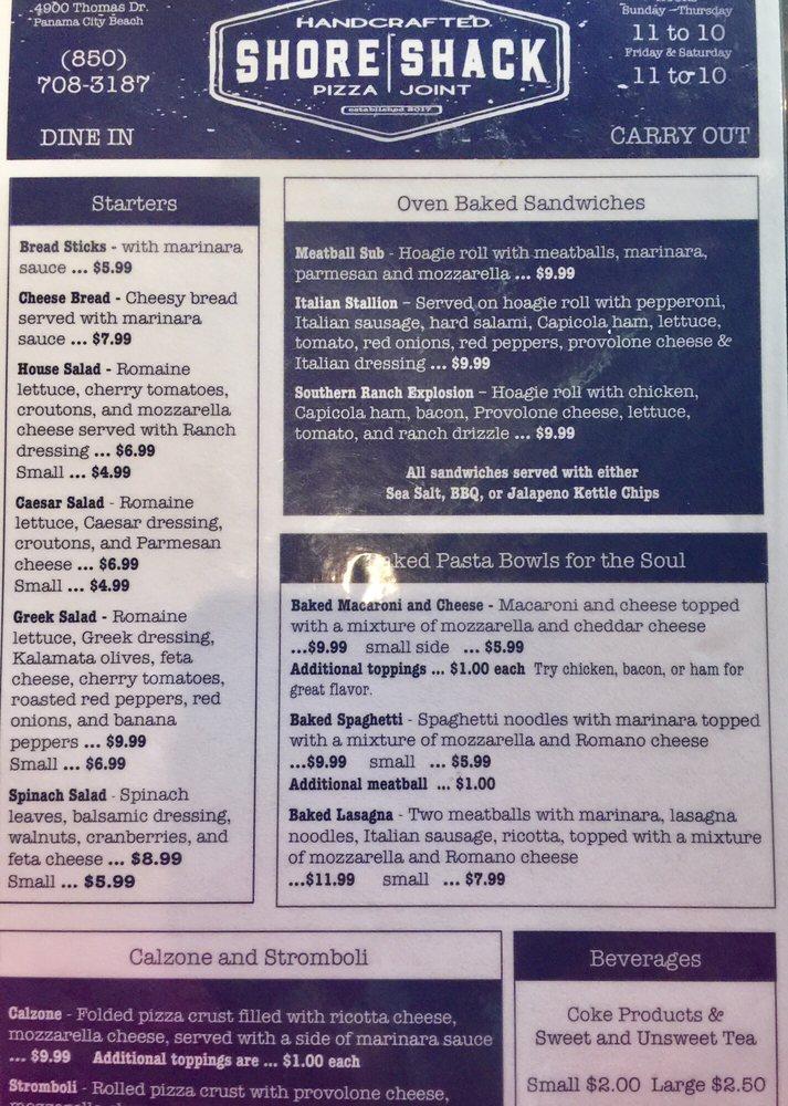 Menu at Shore Shack Pizza pizzeria, Panama City Beach