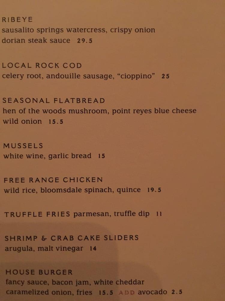 Menu at The Dorian restaurant, San Francisco, Chestnut St
