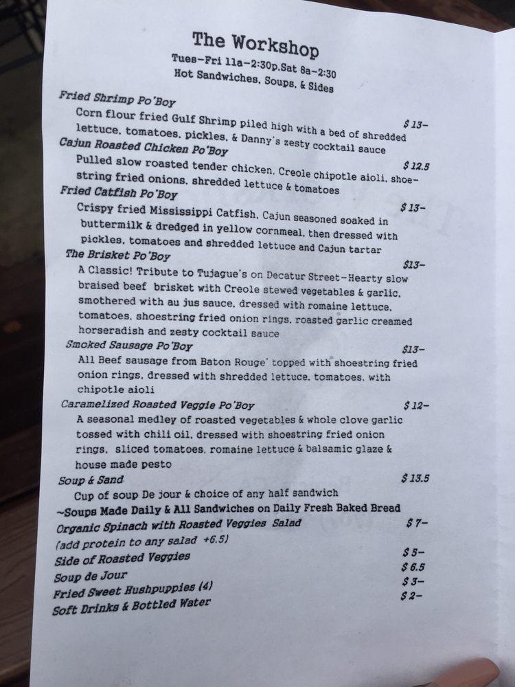 Menu at The Workshop restaurant, Benicia