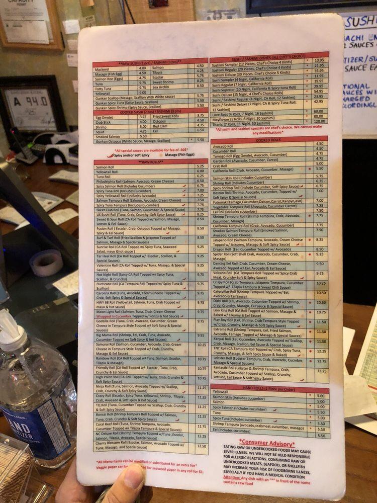 Menu at US Sushi restaurant, Greensboro