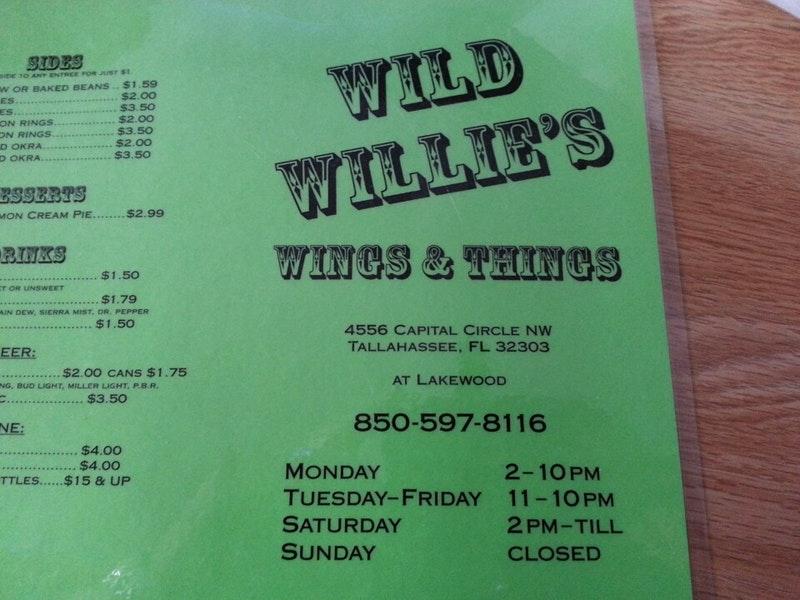Menu at Wild Willie's pub & bar, Tallahassee