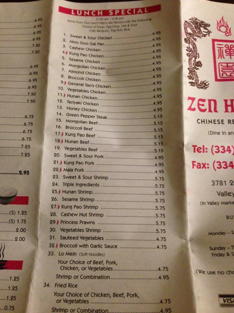 Menu at Zen House Chinese Restaurant, Valley