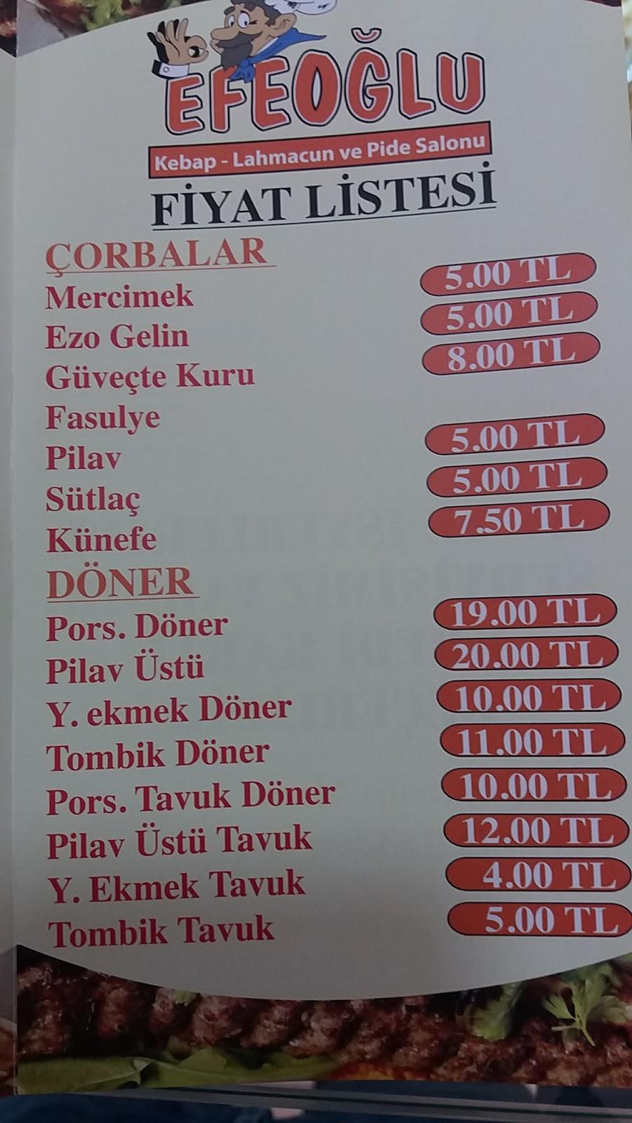 Carta de Efe Oglu Kebap, Estambul, Köroğlu Caddesi & Şafak Sokak No:2