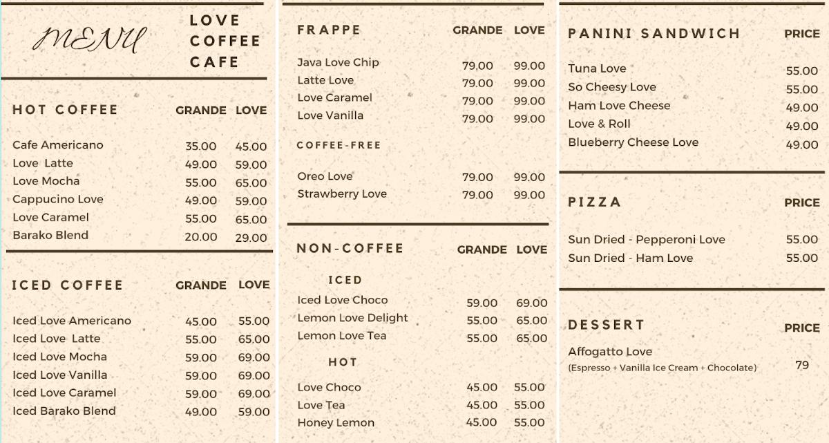 Menu at LOVE COFFEE CAFE, Mandaluyong